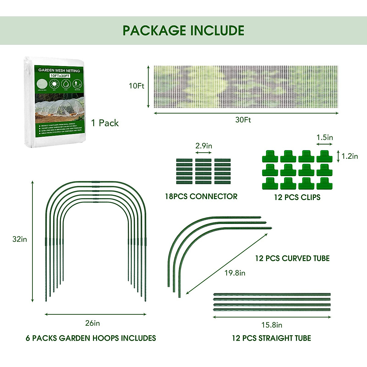 Garden Mesh Netting Kit, Plant Covers 10x30ft Ultra Fine Mesh Netting with 6 Sets Garden Hoops ＆12 Clips, Bird Netting Protection for Fruit Vegetable Flowers Animals Greenhouse Cover