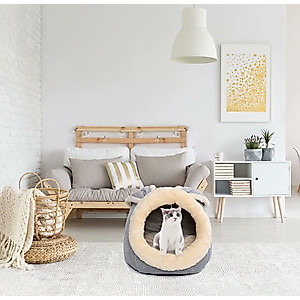 Beds for Indoor Cats - Small Dog Bed with Anti-Slip Bottom, Rabbit-Shaped Cat/Dog Cave with Hanging Toy, Puppy Bed with Removable Cotton Pad, Super Soft Calming Pet Sofa (Grey Medium)