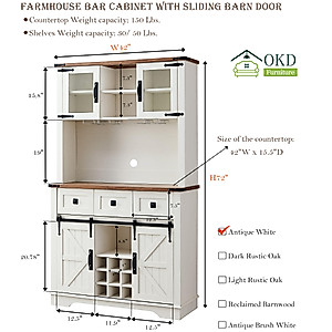 OKD 72" Farmhosue Bar Cabinet with Sliding Barn Door, Large Kitchen Buffet with Hutch w/Wine & Glasses Rack, 3 Drawers, 12 Storage Shelves, Rustic Coffee Bar Sideboard Table, Antique White