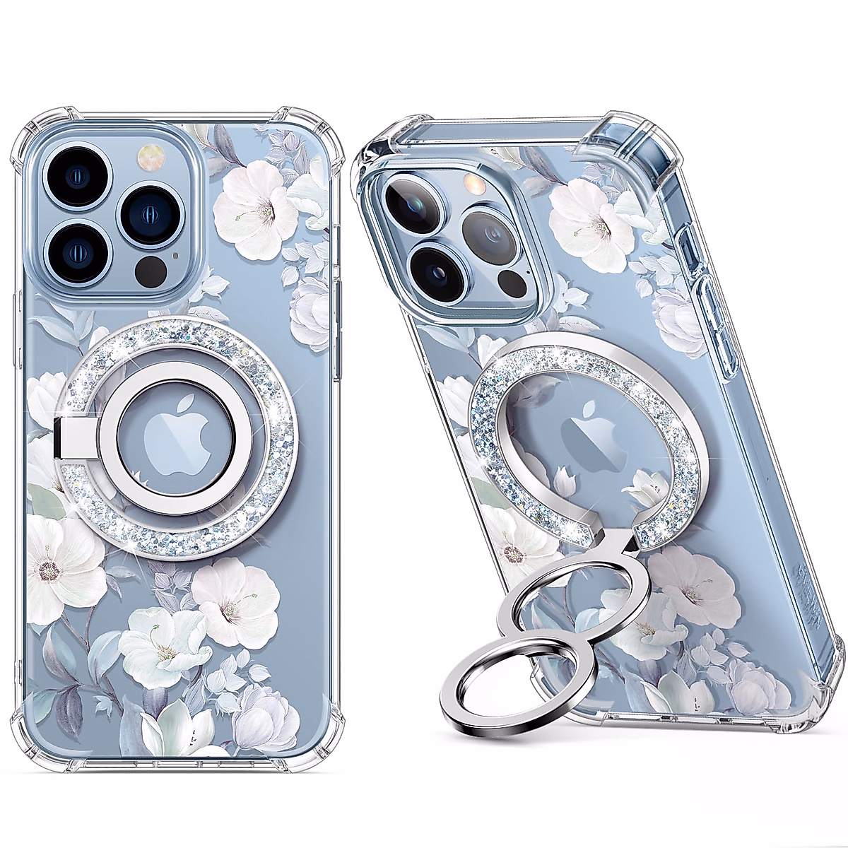 GVIEWIN Bundle - Compatible with iPhone 13 Pro Case (Hibicus) + Magnetic Phone Ring Holder (Glitter/Silver)