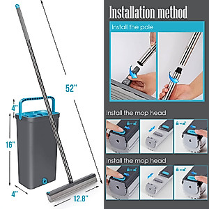 Gadhra PVA Sponge Mop and Bucket Set with 4 Sponge Mop Head Replacement, Ultra Absorbent Sponge, Wet and Dry Separation, Professional Sponge Mops for Floor Cleaning