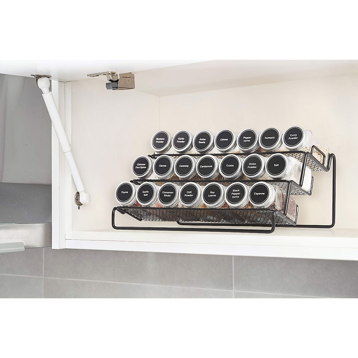 GONGSHI 3 Tier Cabinet Spice Rack Organizer with 21 Empty Glass Spice Jars (4oz), 386 Spice Labels, Chalk Marker and Funnel for Pantry Cupboard or Countertop, Black