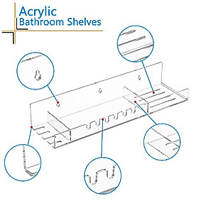 Hexsonhoma Acrylic Bathroom Shelves Organizer with Hooks Set of 2, Clear Floating Shelf for Shower Caddy, Wall Mounting Storage Shelves for Toiletries, Towels, Necklace, Soap