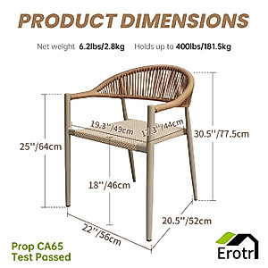 Erotr 4 Pcs Stackable Dining Chairs, Aluminum Rattan Outdoor Dining Chair with Arms, Woven Rope Patio Armchair Metal No Assembly for Bistro Garden Balcony Porch Deck Yard Cafe Restaurant, Light Brown