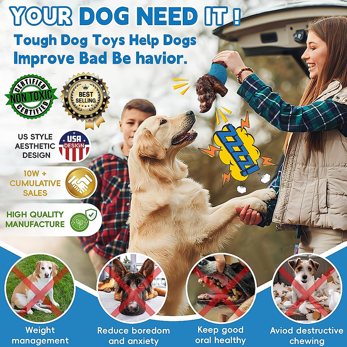 TonyEst Dog Chew Toys for Aggressive Chewers, Best Dog Squeak Toy for Boredom and Stimulating, Durable Bacon Flavor Teething Toys, Tough Indestructible Dog Toys for Large, Medium and Small Breeds