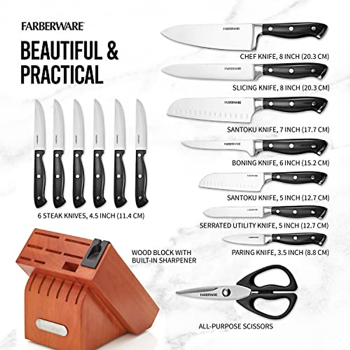 Farberware Edgekeeper Professional 15-piece Forged Triple Riveted Knife Block Set with Built-in Edgekeeper, Black