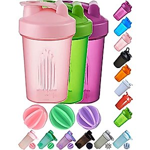 Shaker Bottle in Light Pink(Lid & Cup),Printed Scale Marks of 12 OZ & 400 ML,3 PCS 1.77" Non-Metal Blender Ball (Pink,Green,Purple),Anti-Leaking,BPA F