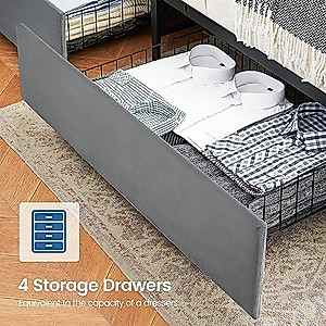 IDEALHOUSE Queen Size Bed Frame with 4 Storage Drawers and Charging Station, Grey Velvet Upholstered Platform Bed Frame with Storage Headboard and Wooden Slats Support, No Box Spring Needed