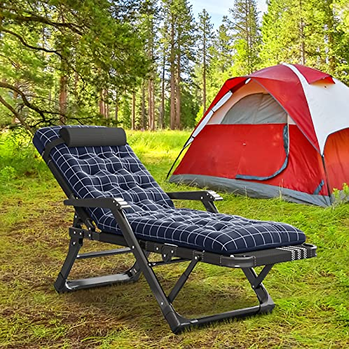 LILYPELLE Folding Outside Chaise Lounge Chair with Mattress, 5 Position Adjustable Patio Folding Lounge Chair Reclining Chairs Perfect for Outside, Sunbathing, Camping, Pool, Beach, Patio