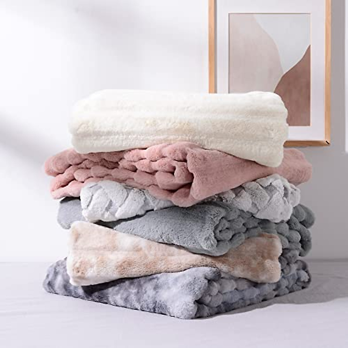 NEXHOME PRO Faux Fur Throw Blanket, Luxury Soft Rabbit Warm Fuzzy Cozy Fluffy Feel Fleece Blankets for Women Checkboard 60"X 80",Comfy Ruched Blanket for Sofa Couch Bed DÉcor White Grey