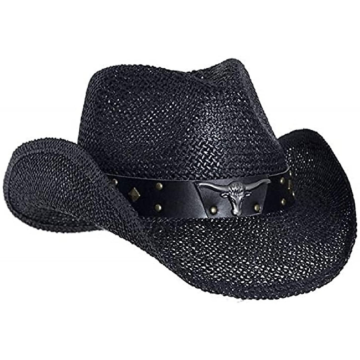 Black Straw Cowboy Hat for Men, Faux Leather, Longhorn, Shapeable Brim