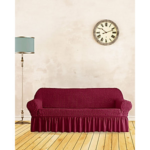BLUESURGE Sofa Slipcover 1 Piece for 3 Cushion Couch Cover with Skirt, Durable Washable High Elastic Stretchable, Easy Fit Universal Furniture Protector (3 Seater, Maroon)