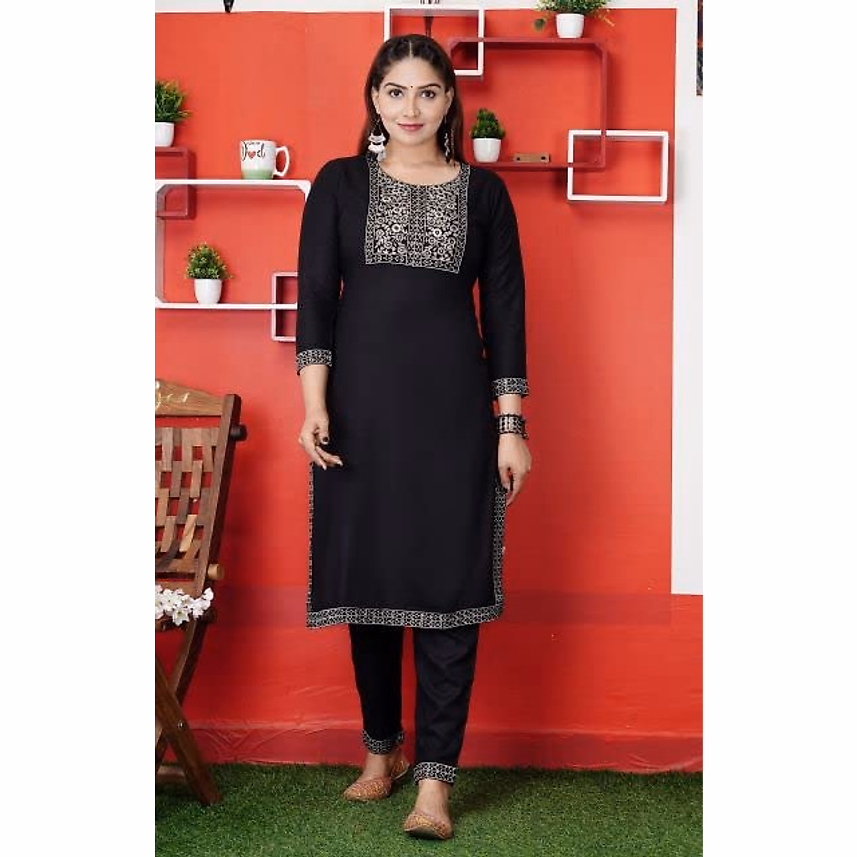 COTTON HTHRANG Indian Women's Tunic Tops Straight Rayon Black Kurtis Pant Sets W Chiffon Dupatta/A-Line Kurti Tunics