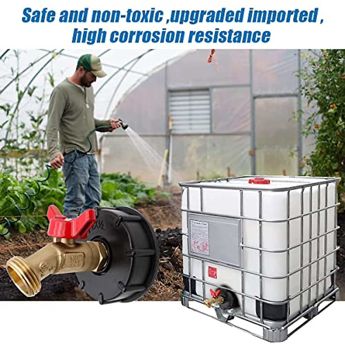 275-330 Gallon IBC Tote Water Tank Adapter 2" Coarse Thread + Lead-Free Brass Hose Faucet Water Shut-Off Valve with Ball Valve, IBC Water Tank Fitting, Garden Hose Connector Replace Valve Parts