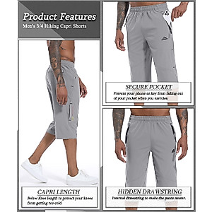MAGCOMSEN Men's 3/4 Capri Workout Shorts Outdoor Quick Dry Knee Length Gym Drawstring Training Workout Beach Shorts Light Grey, 38