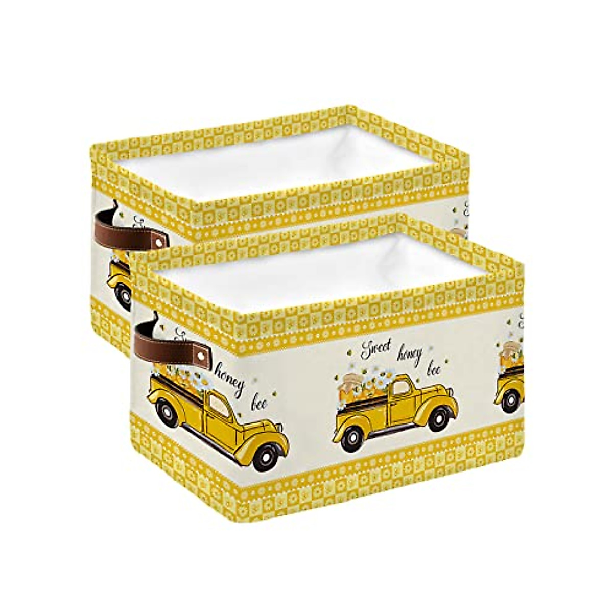 Storage Baskets for Organizing, Toy Box Chest Farm Sweet Honey Bee Truck Daisy Yellow Buffalo Plaid Foldable Cube Storage Bin with 2 Leather Handles Set of 2