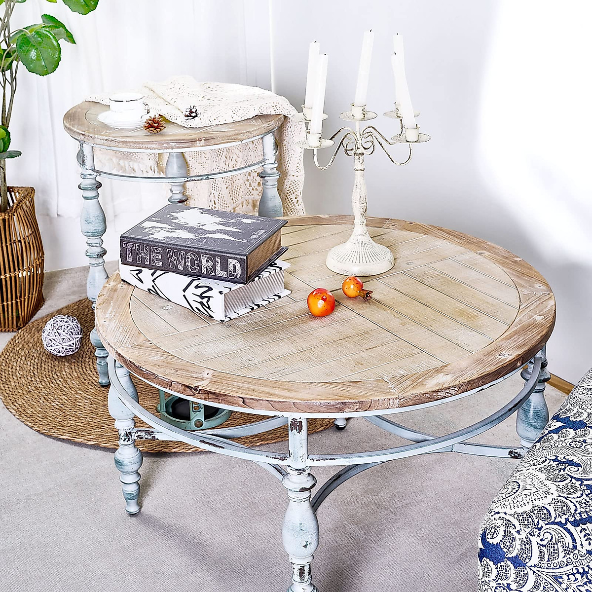 TIMBERMAVEN Rustic Farmhouse Round Coffee Table, French Country Vintage Center Table,φ31.5'' x18.9''H Rustic Solid Wood with Vintage Iron Legs, for Living Room, Bedroom,Dinning Room, White