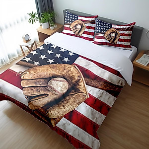 SHINICHISTAR American Flag Baseball Comforter Set Twin Size for Teen Boys Gift Sport Bedding