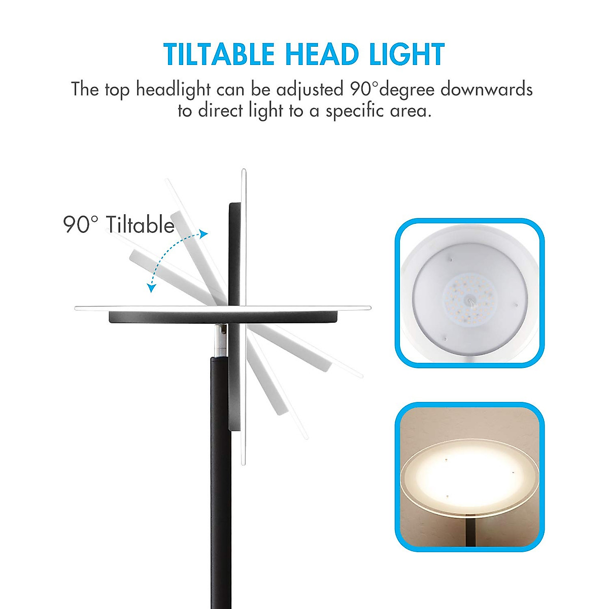 Tenergy Torchiere Dimmable LED Floor Lamp, Remote Controlled 30W (150W Equivalent) Standing Lamp, 90° Adjustable Top, Wall Switch Smart Outlet Compatible, Warm White Light