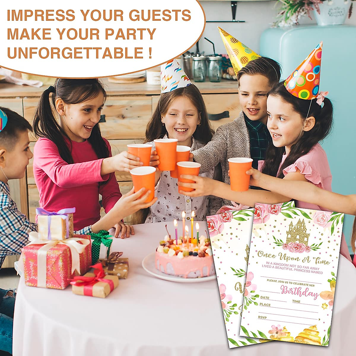 NYCTUG Floral Castle Theme Birthday Invitation(4" X 6"), Fairy Tale Little Princess Party Double-Sided Invites- 20 Invitations With Envelopes-Personalized Party Supplies-A25