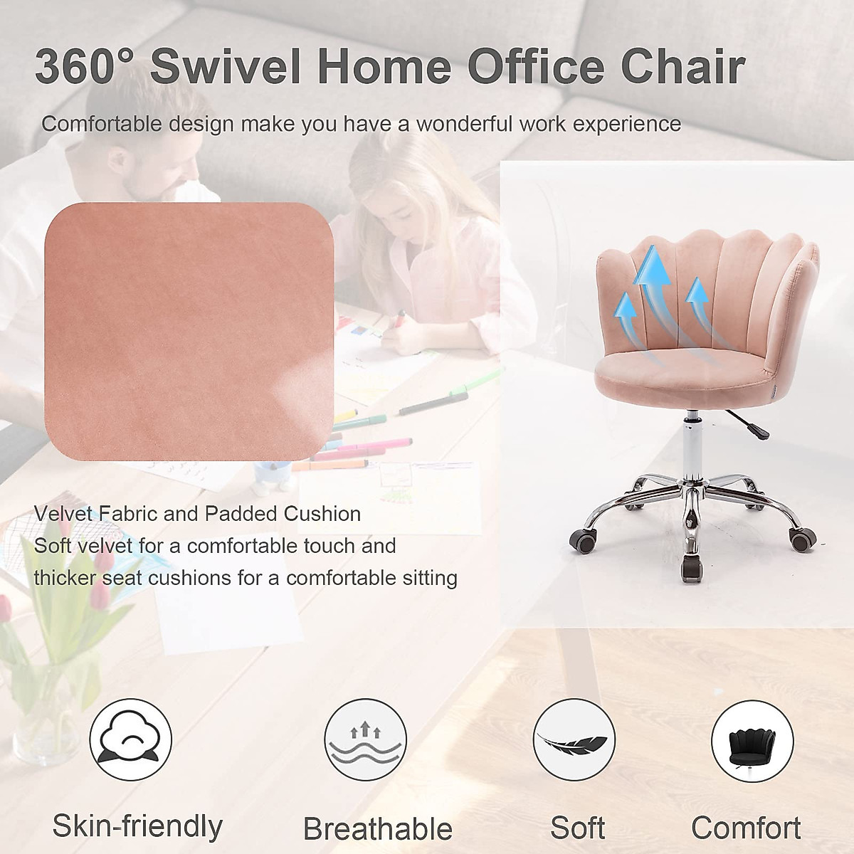 Yoluckea Modern Velvet Swivel Office Chair, Pink, Adjustable Height, Ergonomic Design