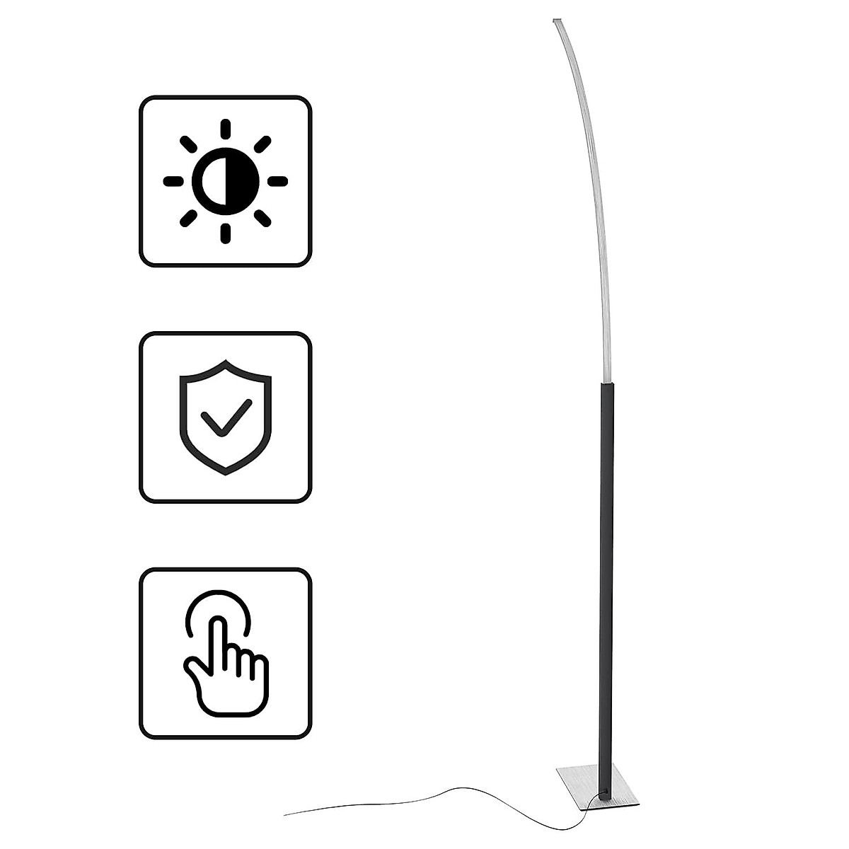 Modern 63" Arc Floor Lamp - Brushed Sliver Standing Lamp for Living Room and Bedroom, Touch Control 3000K Warm Light and 3-Way Dimmable Brightness Grey Lamp, Unique LED Corner Floor Lamp for Couch