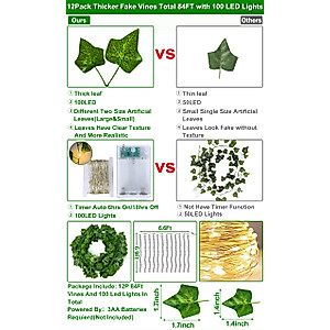 [ Timer ] Fake Ivy Vines 12 Pack 84Ft with 100 LED Vines with Lights Large & Small Thick Leaves String Lights Hanging Ivy Vines Lights for Bedroom Gardens Wedding Wall Room Decor