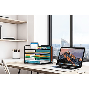 CAXXA 4 Tier Mesh Document Trays with Vertical Upright Section for Hanging File Holders, Mesh Office Supplies Desk Organizer, Black