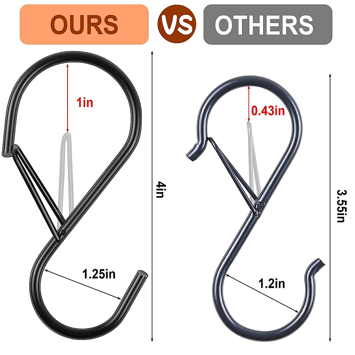 Black S Hooks Hanging Safety Buckle with Large Opening Fit Most of Rod, Heavy Duty S Shaped Closet Hooks Metal Rack Hooks for Hanging Jeans,Clothes,Purse,Plants,Kitchen Pots, Pans- 4 inch, (8 Pack)