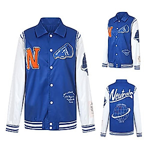 Creaion Men's Varsity Jackets Letterman Jacket Baseball Football Jacket Racer Jacket Y2K Blue and White Jacket Men Bomber Jacket