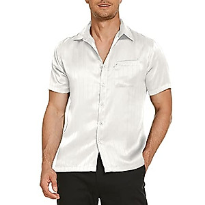 COOFANDY Silk Short Sleeve Shirts for Men Luxury Button Down Shirts for Men Silk Like Glossy Shirt Regular Fit Stylish Polyester Top White