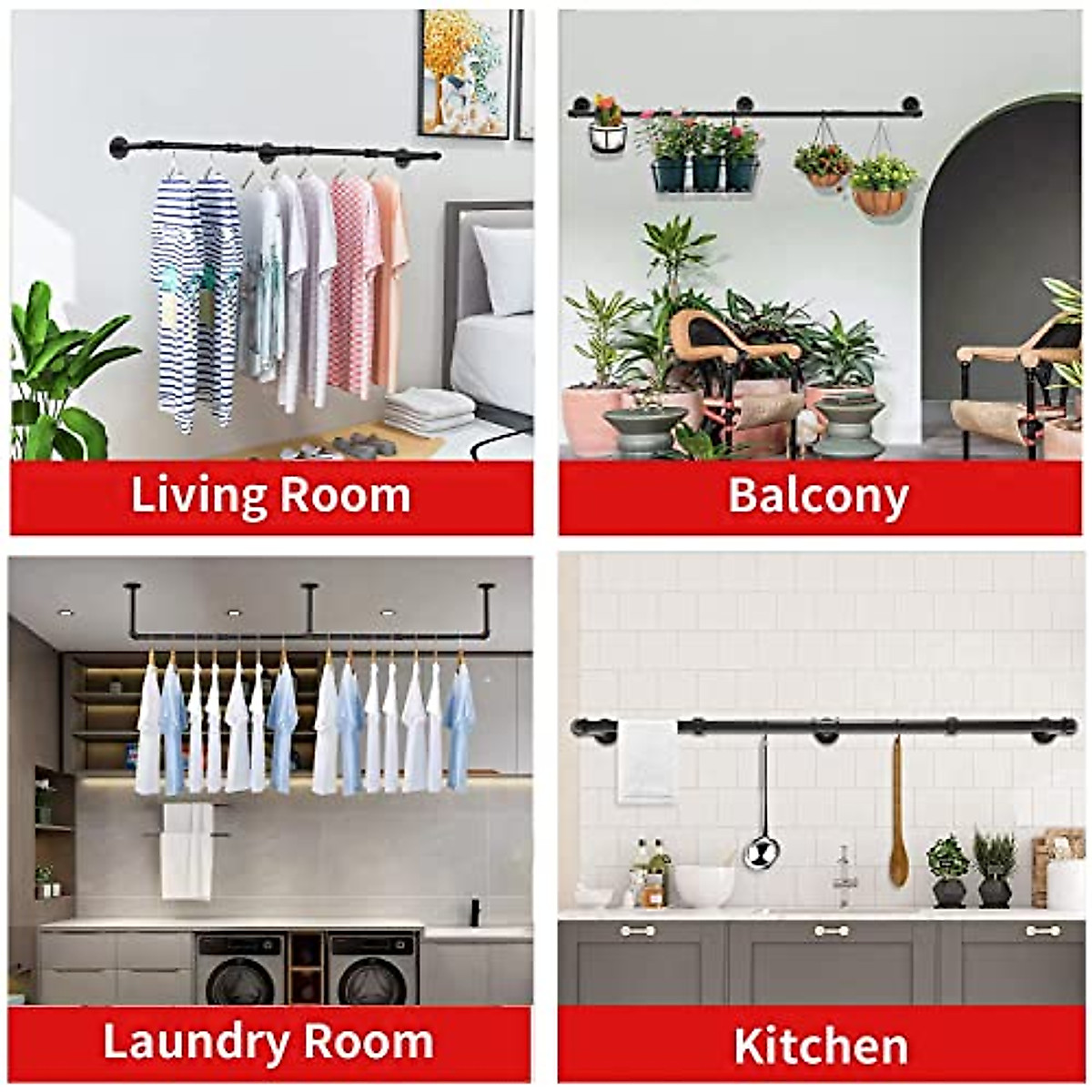 roundki Clothing Rack Wall Mounted, 70in Industrial Pipe Clothes Racks for Hanging Clothes, Heavy Duty Pipe Hanging Rod Garment Rack Bar for Closet Laundry, Max Load 145LbS Metal Black (2)