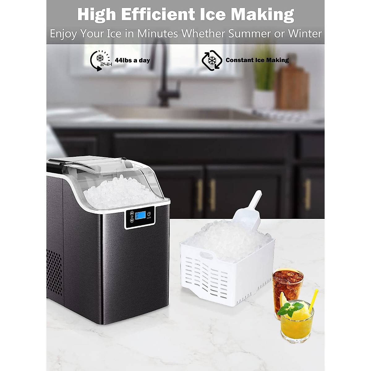 Kndko Nugget Ice Maker with Chewy Ice,High Ice-Making of 45lbs/Day/14,000pcs, Self-Cleaning,24-Hour Timer for Home Kitchen Bar Party,Bright Black Stainless Steel