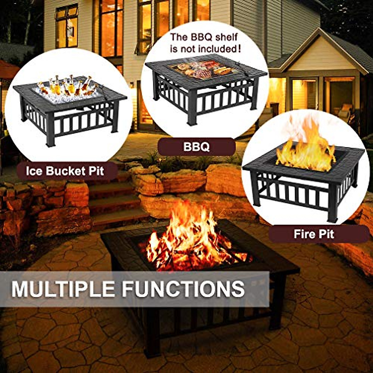 Vnewone 32'' Outdoor Fire Pit Metal Square Firepit Patio Stove Wood Burning for Backyard Garden Camping Picnic Bonfire with Spark Screen Cover, Log Grate, Poker,32" L32 W 14”, Black