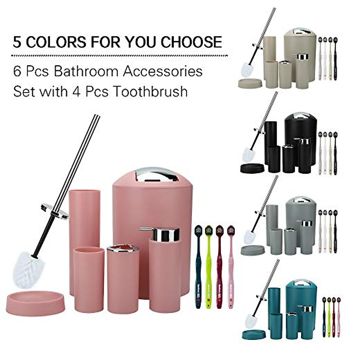 Otostar 6 Piece Bathroom Accessories Set Plastic Bath Accessories Lotion Bottles,Toothbrush Holder, Soap Dish,Toilet Brush with Holder,Trash Can,Tooth Mug Decorative Housewarming Gift (Pink)