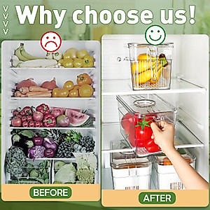 Blushtier 4 Pcs Fridge Organizer Bins with Compartment and Drain Tray and Lid Handle Plastic Stackable Timer Keep Fresh Sealed Food Storage Container for Vegetables Fruit Salad,11 x 6.2 x 6.2 Inch