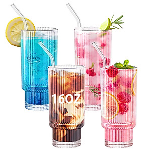 16oz Ribbed Drinking Glasses Set of 4, Clear Reusable Ribbed Glassware, Iced Coffee Cup, Cocktail Can Beer Glasses Cups with Straws, Vintage Wine Tea Water Glass Tumbler, Cute House Warming Gifts