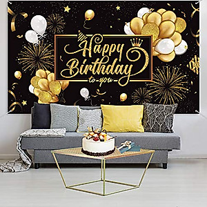 Blulu Happy Birthday Backdrop Banner Sign Poster Large Fabric Glitter Balloon Fireworks Sign Birthday Photo Backdrop Background for Birthday Party Decoration Supplies, 72.8 x 43.3in (Black and Gold)