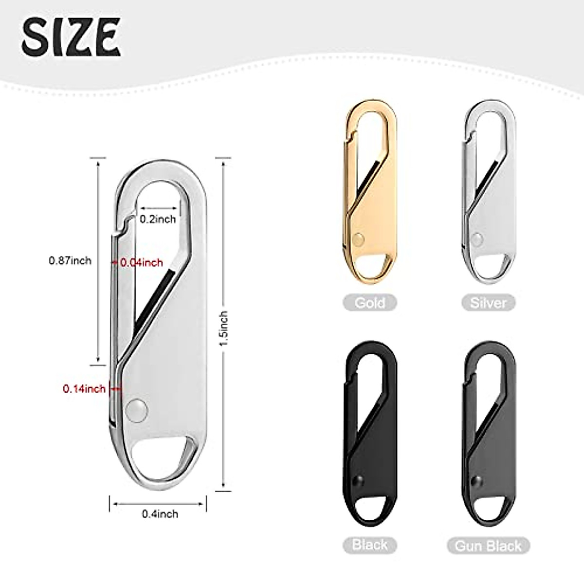 Zipper Pull Replacement, 8 Pieces Detachable Zipper Pull Tabs for Luggage Clothing Jackets Backpacks Boots Purse Coat(Silver, Black, Gold, Gun Black)