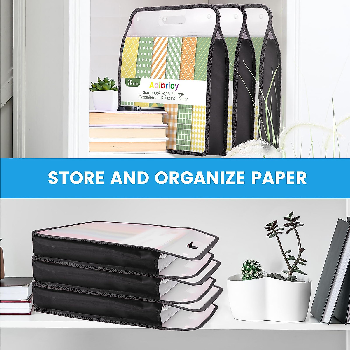 Aoibrloy 3 PCS Scrapbook Paper Storage for Holding 12 x 12 Inch Scrapbook, Black Portable Paper Storage Organizer with Handle for Storing Heat Transfer Papers Document Letter Envelope