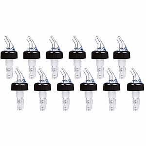 (Pack of 12) Measured Liquor Bottle Pourers, 1.25 oz, Clear Spout Bottle Pourer with Clear Tail and Black Collar, Measured Pour Spouts by Tezzorio