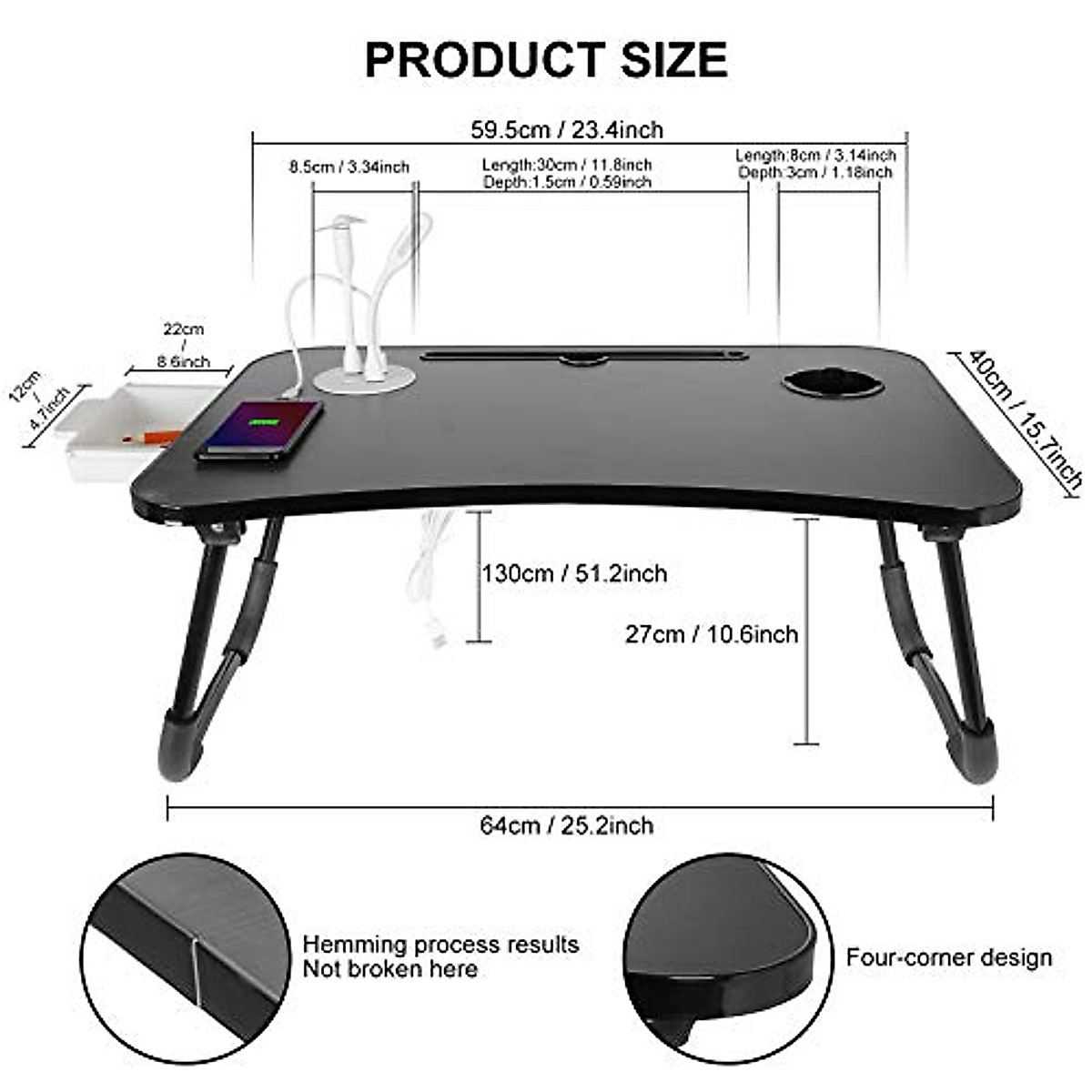Laptop Desk, Astoryou Portable Laptop Bed Tray Table Notebook Stand Reading Holder with USB Charge Port/Cup Holder/Storage Drawer for Working on Bed/Couch/Sofa (Black)