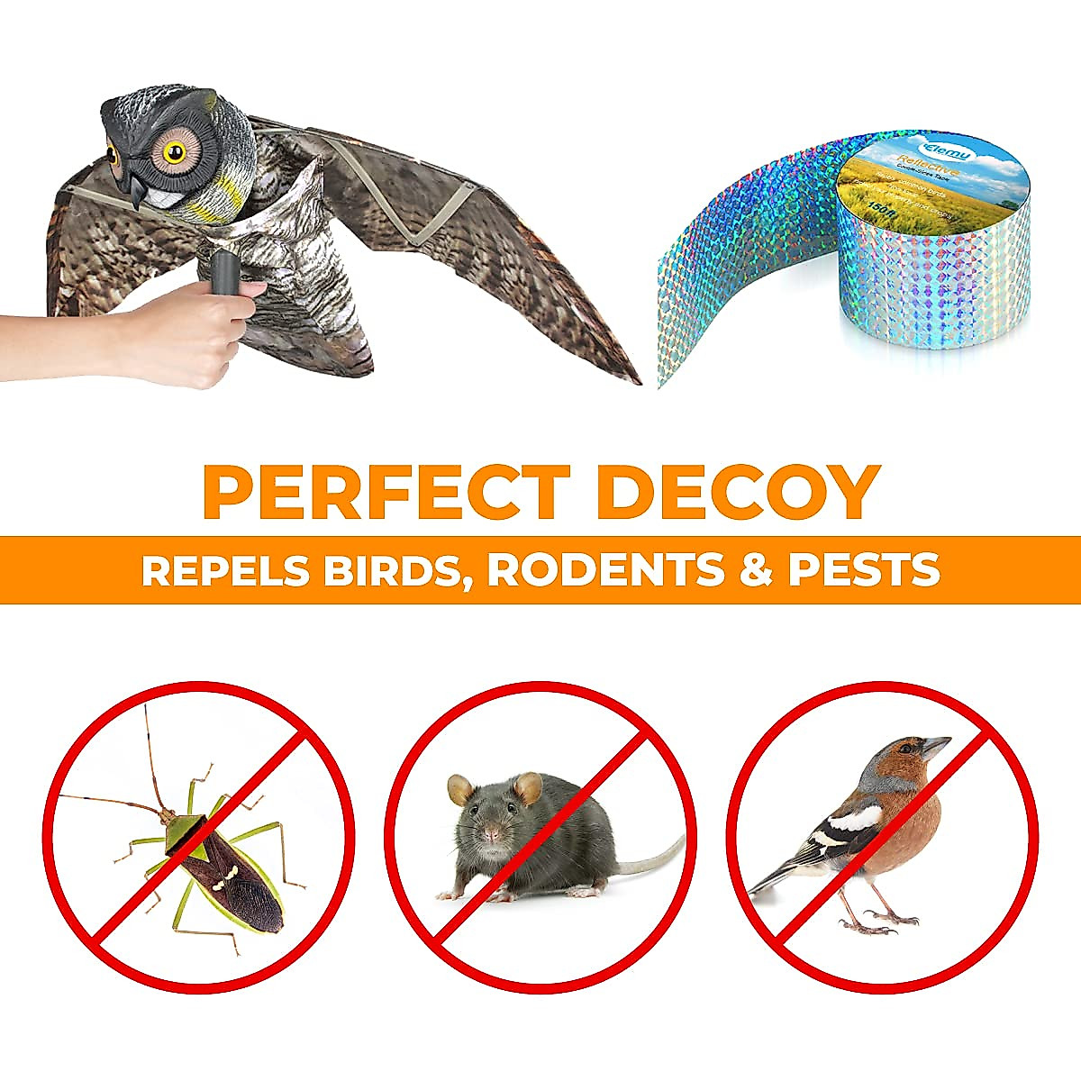 Elemu Owl Scarecrow Natural Moving Wings Plus Reflective Scare Tape ...