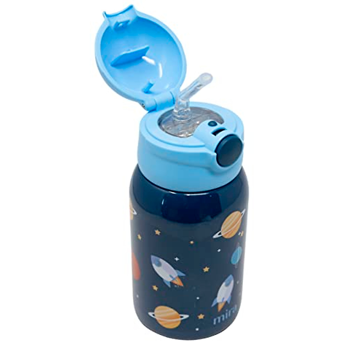 MIRA 15 oz Kids Stainless Steel Water Bottle - Thermos Insulated Flask Keeps Cold - One Touch Straw Lid Cap, Blue - Planets