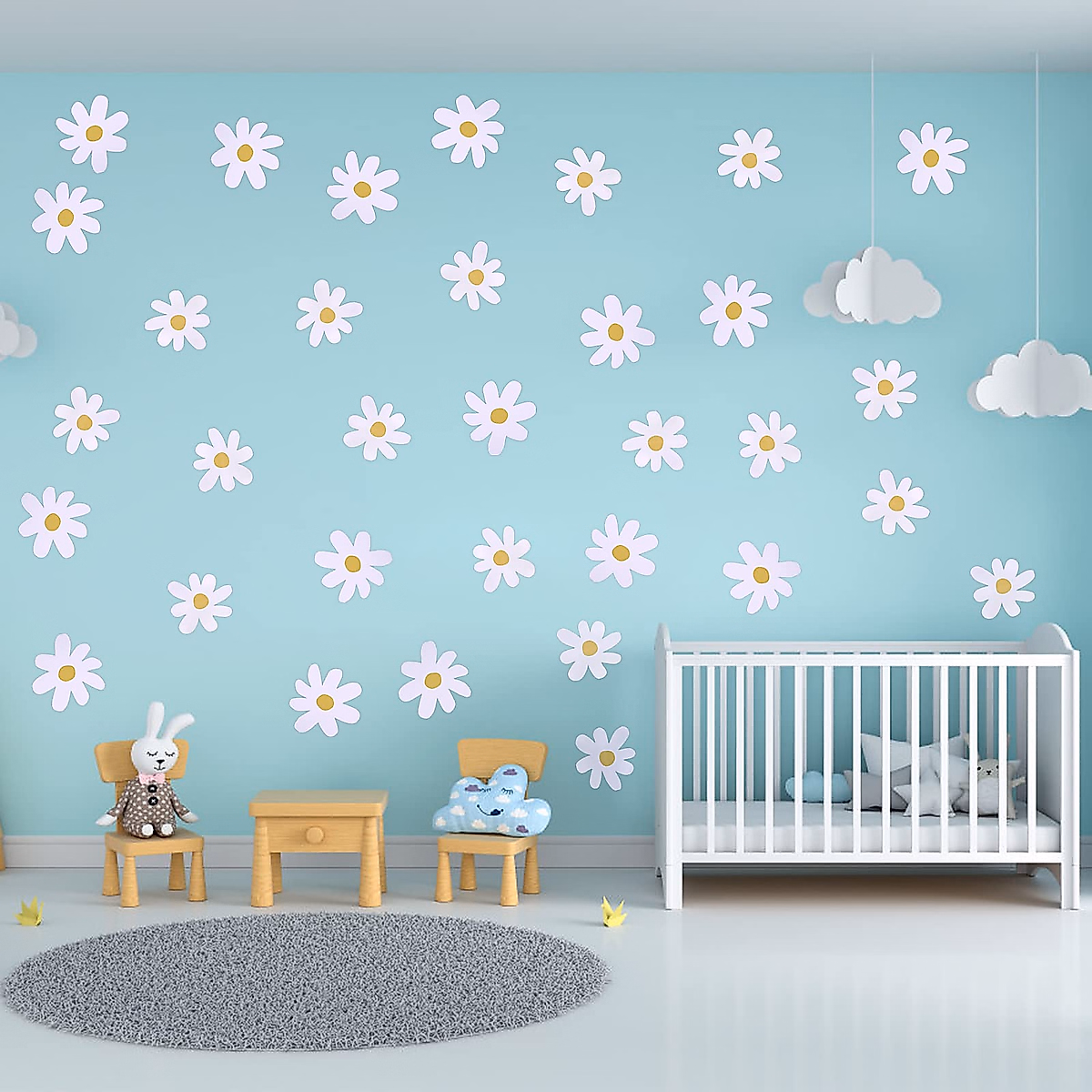 36PCS Daisy Wall Decal White Daisy Decals Flower Wall Decals Peel and Stick Retro White Daisy Flower Wall Stickers Vinyl Wall Floral Decals for Kids Nursery Bedroom Classroom Office Decor 6 Sheet