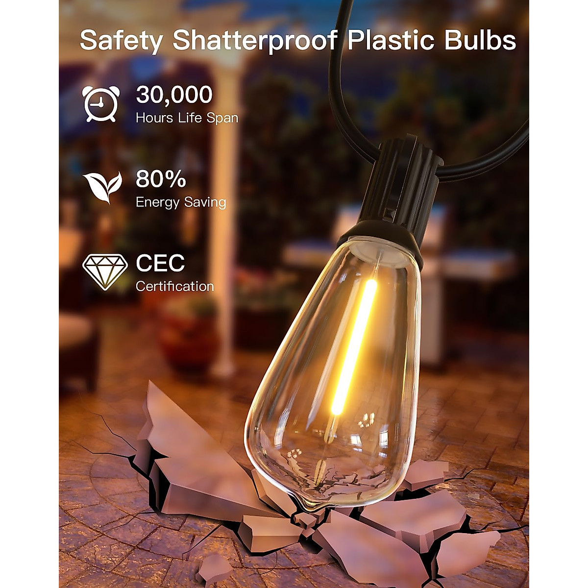 GLUROO LED String Light Bulbs, ST38 Shatterproof LED Replacement Bulbs for Outdoor String Lights Eidison Bulb fits E12 C7 Screw Base, 1Watt Equvanlent to 7Watt Incandescant Bulbs, Warm White, 25 Pack