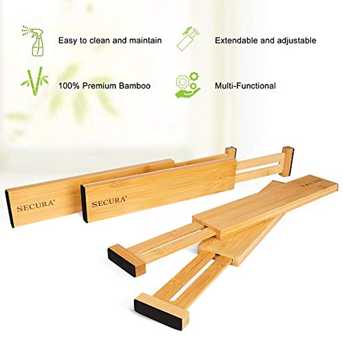 Secura 𝗕𝗮𝗺𝗯𝗼𝗼 𝗗𝗿𝗮𝘄𝗲𝗿 𝗗𝗶𝘃𝗶𝗱𝗲𝗿𝘀 𝗢𝗿𝗴𝗮𝗻𝗶𝘇𝗲𝗿 4-Pack, 𝗔𝗱𝗷𝘂𝘀𝘁𝗮𝗯𝗹𝗲 Drawer Separators Expandable from 12.0-17.1 inches for Kitchen, Office, Bathroom, Closet, Dresser