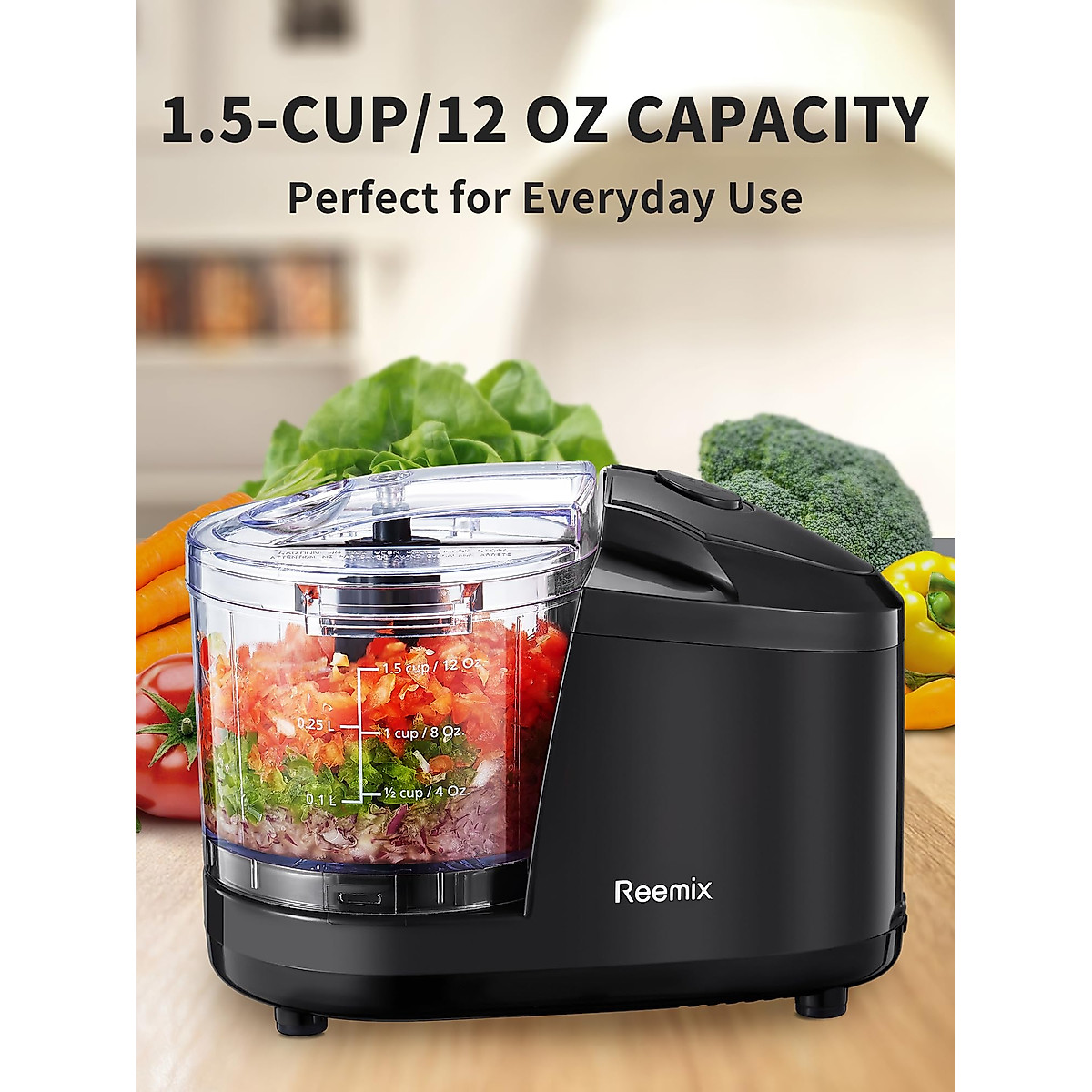 Reemix 1.5-Cup One-Touch Electric Food Chopper, 100W Mini Food Processor Meat Grinder, Mix, Chop, Mince and Blend Vegetables, Fruits, Nuts, Meats, Stainless Steel Blade (Black)