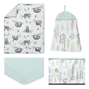 Sweet Jojo Designs Blue and Grey Jungle Sloth Leaf Baby Unisex Boy or Girl Nursery Crib Bedding Set - 4 Pieces - Turquoise, Gray and Green Tropical Botanical Rainforest