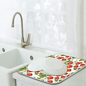 QsirBC Strawberry Fruits Leaves Reversible Dish Drying Mat for Kitchen Counter, 18"x 24", Sink Mat, Pet Feeding Mat, Coffee Bar Mat, Absorbent Microfiber Drainer Mat, Washable Quick Dry Pad